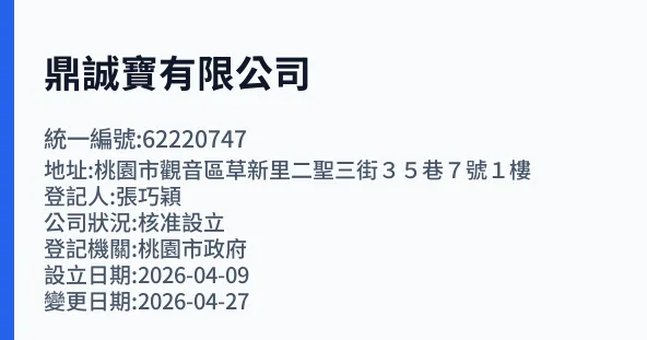 鼎誠寶有限公司的照片-統編 62220747(桃園市) 公司登記資料與營業項目詳細圖表