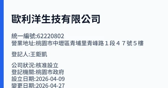 歐利洋生技有限公司的照片-統編 62220802(桃園市) 公司登記資料與營業項目詳細圖表