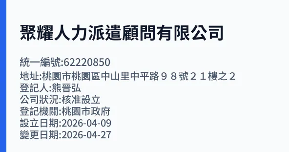 聚耀人力派遣顧問有限公司的照片-統編 62220850(桃園市) 公司登記資料與營業項目詳細圖表