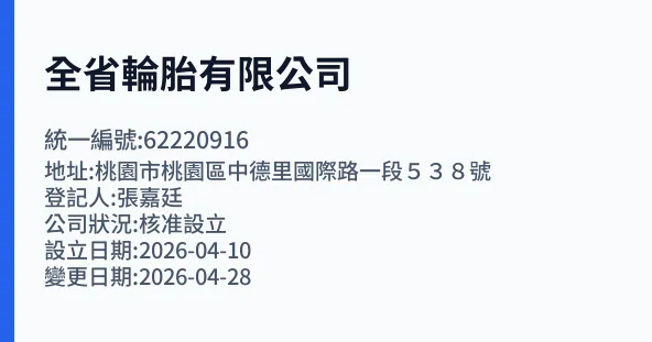全省輪胎有限公司的照片-統編 62220916(桃園市) 公司登記資料與營業項目詳細圖表