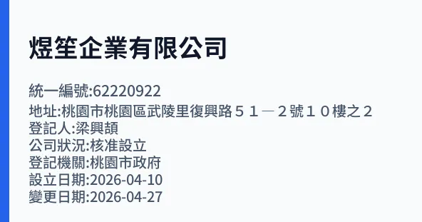 煜笙企業有限公司的照片-統編 62220922(桃園市) 公司登記資料與營業項目詳細圖表
