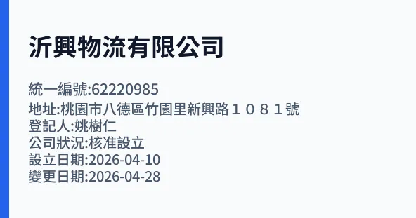 沂興物流有限公司的照片-統編 62220985(桃園市) 公司登記資料與營業項目詳細圖表