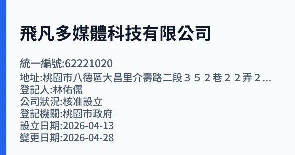飛凡多媒體科技有限公司的照片-統編 62221020(桃園市) 公司登記資料與營業項目詳細圖表