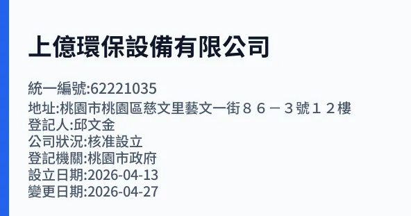 上億環保設備有限公司的照片-統編 62221035(桃園市) 公司登記資料與營業項目詳細圖表