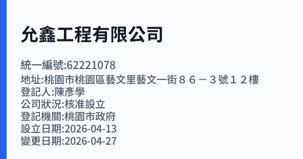 允鑫工程有限公司的照片-統編 62221078(桃園市) 公司登記資料與營業項目詳細圖表