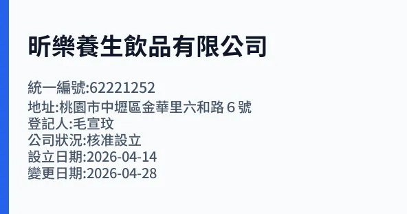 昕樂養生飲品有限公司的照片-統編 62221252(桃園市) 公司登記資料與營業項目詳細圖表