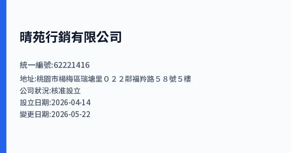 晴苑行銷有限公司的照片-統編 62221416(桃園市) 公司登記資料與營業項目詳細圖表