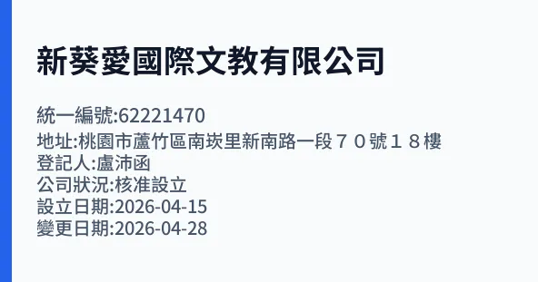 新葵愛國際文教有限公司的照片-統編 62221470(桃園市) 公司登記資料與營業項目詳細圖表