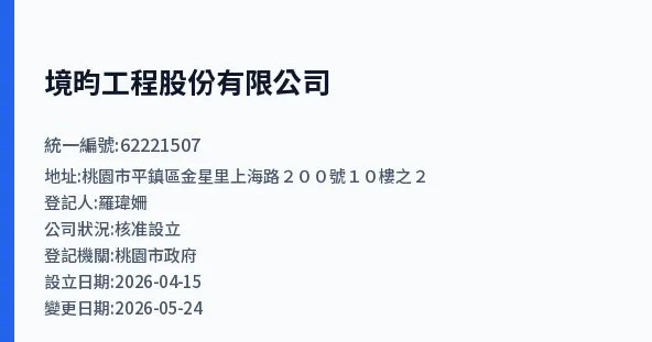 境昀工程股份有限公司的照片-統編 62221507(桃園市) 公司登記資料與營業項目詳細圖表