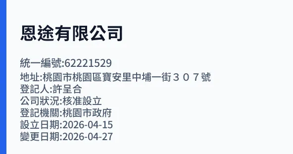 恩途有限公司的照片-統編 62221529(桃園市) 公司登記資料與營業項目詳細圖表