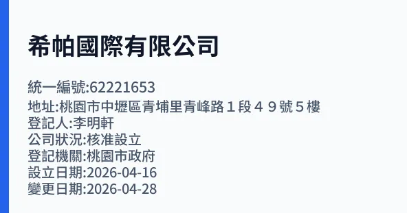 希帕國際有限公司的照片-統編 62221653(桃園市) 公司登記資料與營業項目詳細圖表