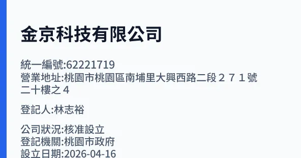 金京科技有限公司的照片-統編 62221719(桃園市) 公司登記資料與營業項目詳細圖表