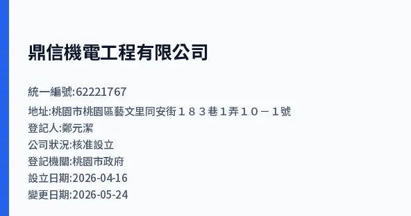 鼎信機電工程有限公司的照片-統編 62221767(桃園市) 公司登記資料與營業項目詳細圖表