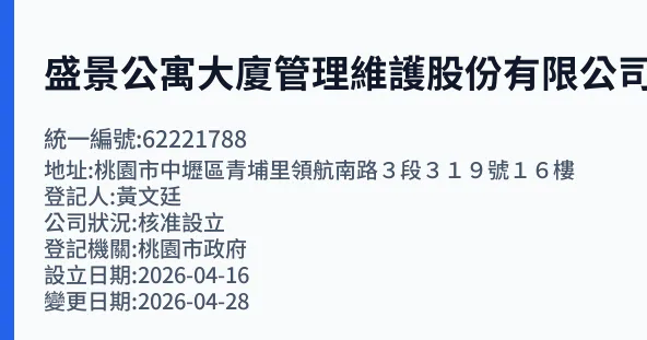 盛景公寓大廈管理維護股份有限公司的照片-統編 62221788(桃園市) 公司登記資料與營業項目詳細圖表