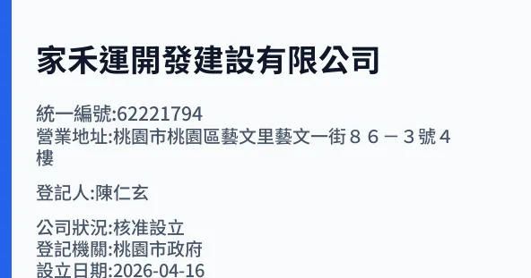 家禾運開發建設有限公司的照片-統編 62221794(桃園市) 公司登記資料與營業項目詳細圖表