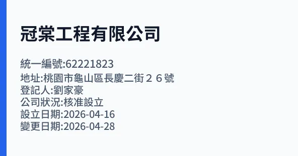 冠棠工程有限公司的照片-統編 62221823(桃園市) 公司登記資料與營業項目詳細圖表