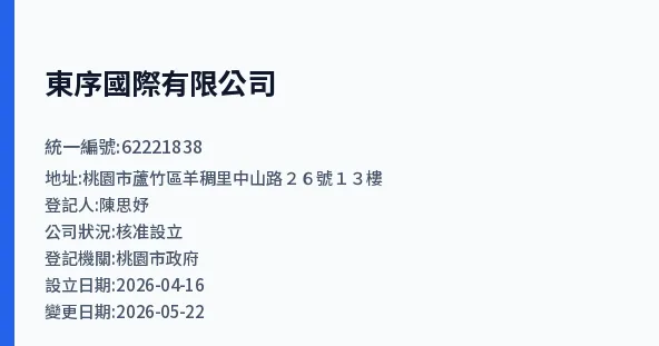 東序國際有限公司的照片-統編 62221838(桃園市) 公司登記資料與營業項目詳細圖表