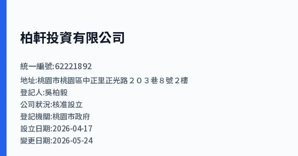 柏軒投資有限公司的照片-統編 62221892(桃園市) 公司登記資料與營業項目詳細圖表