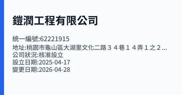 鎧潤工程有限公司的照片-統編 62221915(桃園市) 公司登記資料與營業項目詳細圖表