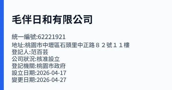 毛伴日和有限公司的照片-統編 62221921(桃園市) 公司登記資料與營業項目詳細圖表