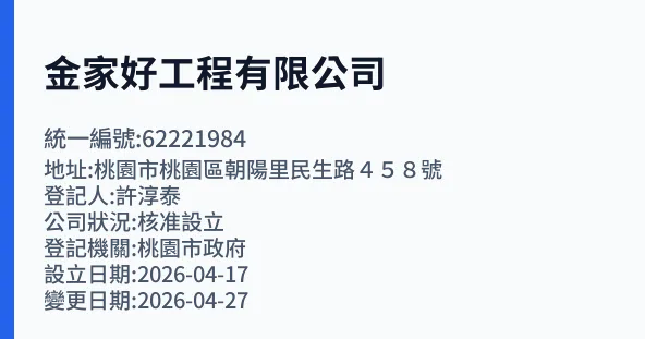 金家好工程有限公司的照片-統編 62221984(桃園市) 公司登記資料與營業項目詳細圖表