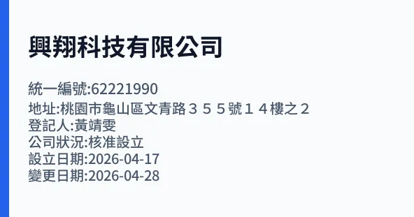 興翔科技有限公司的照片-統編 62221990(桃園市) 公司登記資料與營業項目詳細圖表