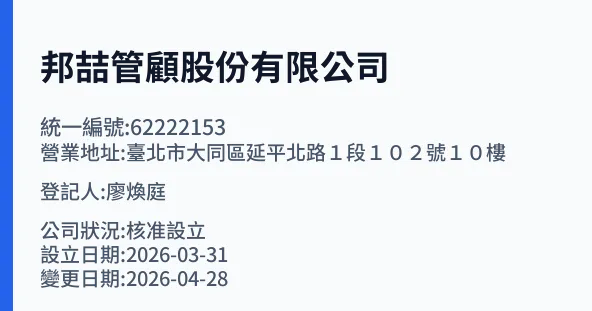 邦喆管顧股份有限公司的照片-統編 62222153(臺北市) 公司登記資料與營業項目詳細圖表