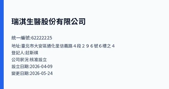 瑞淇生醫股份有限公司的照片-統編 62222225(臺北市) 公司登記資料與營業項目詳細圖表