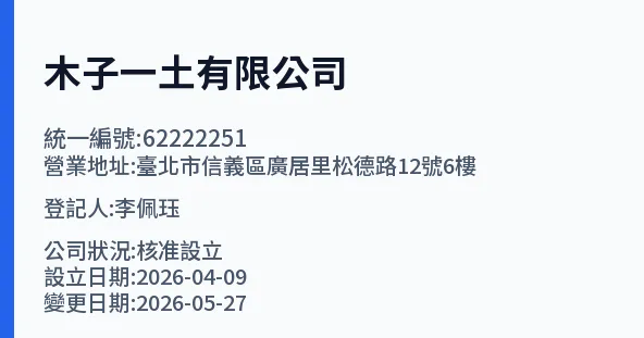 木子一土有限公司的照片-統編 62222251(臺北市) 公司登記資料與營業項目詳細圖表