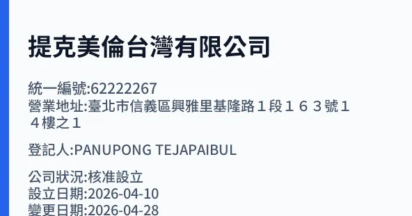 提克美倫台灣有限公司的照片-統編 62222267(臺北市) 公司登記資料與營業項目詳細圖表