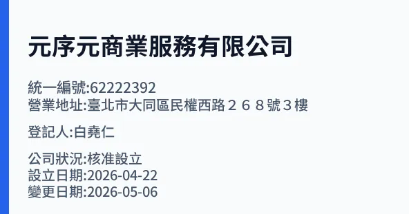 元序元商業服務有限公司的照片-統編 62222392(臺北市) 公司登記資料與營業項目詳細圖表