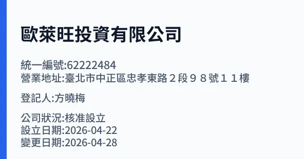 歐萊旺投資有限公司的照片-統編 62222484(臺北市) 公司登記資料與營業項目詳細圖表