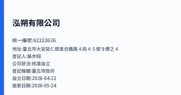 泓朔有限公司的照片-統編 62222626(臺北市) 公司登記資料與營業項目詳細圖表