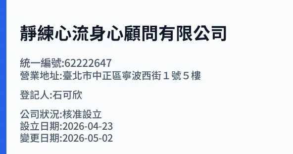靜練心流身心顧問有限公司的照片-統編 62222647(臺北市) 公司登記資料與營業項目詳細圖表