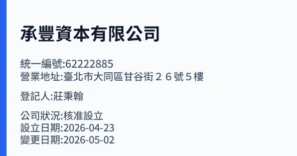承豐資本有限公司的照片-統編 62222885(臺北市) 公司登記資料與營業項目詳細圖表