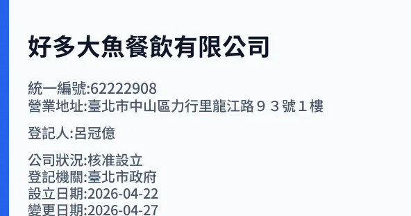 好多大魚餐飲有限公司的照片-統編 62222908(臺北市) 公司登記資料與營業項目詳細圖表