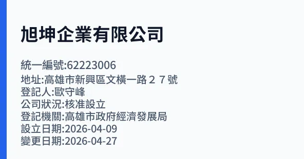 旭坤企業有限公司的照片-統編 62223006(高雄市) 公司登記資料與營業項目詳細圖表