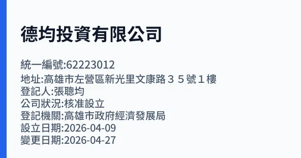 德均投資有限公司的照片-統編 62223012(高雄市) 公司登記資料與營業項目詳細圖表