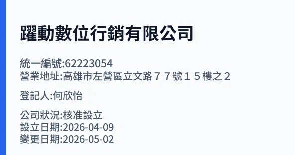 躍動數位行銷有限公司的照片-統編 62223054(高雄市) 公司登記資料與營業項目詳細圖表