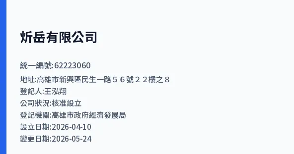 炘岳有限公司的照片-統編 62223060(高雄市) 公司登記資料與營業項目詳細圖表