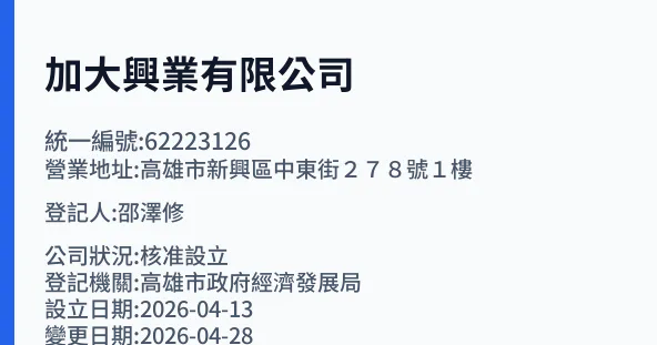 加大興業有限公司的照片-統編 62223126(高雄市) 公司登記資料與營業項目詳細圖表