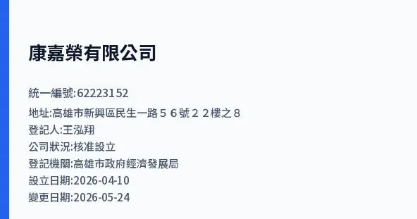 康嘉榮有限公司的照片-統編 62223152(高雄市) 公司登記資料與營業項目詳細圖表