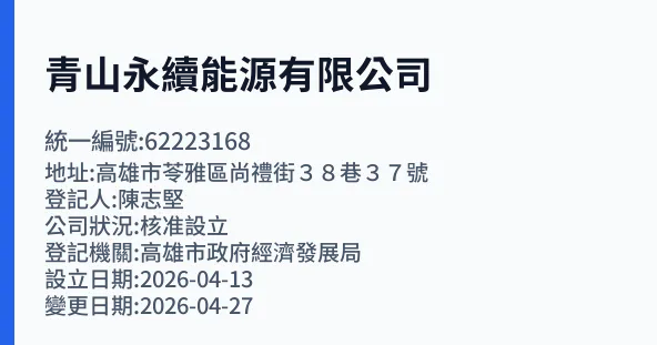 青山永續能源有限公司的照片-統編 62223168(高雄市) 公司登記資料與營業項目詳細圖表