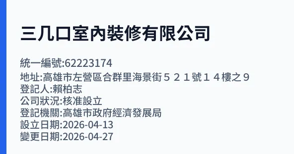 三几口室內裝修有限公司的照片-統編 62223174(高雄市) 公司登記資料與營業項目詳細圖表