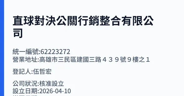 直球對決公關行銷整合有限公司的照片-統編 62223272(高雄市) 公司登記資料與營業項目詳細圖表