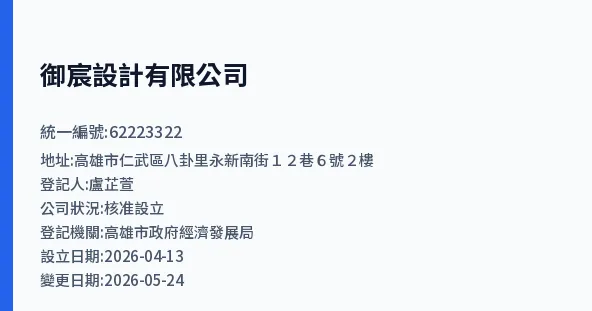 御宸設計有限公司的照片-統編 62223322(高雄市) 公司登記資料與營業項目詳細圖表