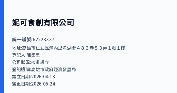 妮可食創有限公司的照片-統編 62223337(高雄市) 公司登記資料與營業項目詳細圖表