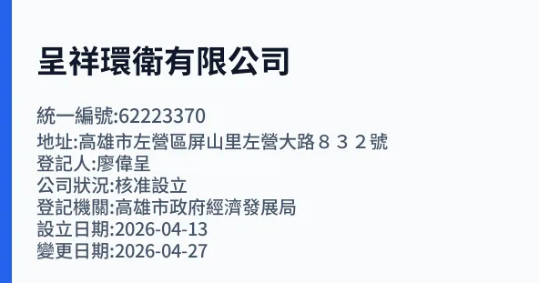 呈祥環衛有限公司的照片-統編 62223370(高雄市) 公司登記資料與營業項目詳細圖表