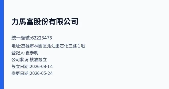 力馬富股份有限公司的照片-統編 62223478(高雄市) 公司登記資料與營業項目詳細圖表