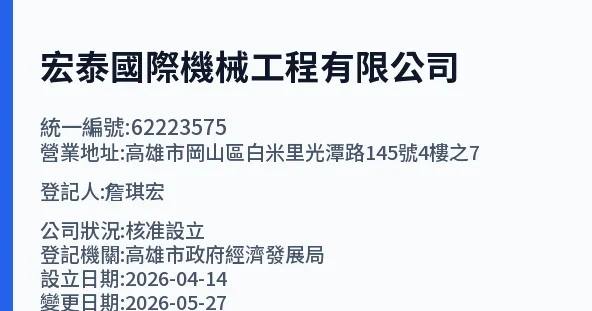 宏泰國際機械工程有限公司的照片-統編 62223575(高雄市) 公司登記資料與營業項目詳細圖表